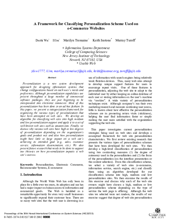 Pdf A Framework For Classifying Personalization Scheme Used On E