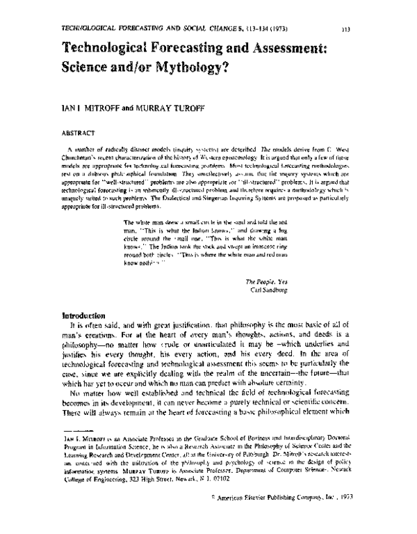 (PDF) Technological forecasting and assessment: Science and/or mythology?