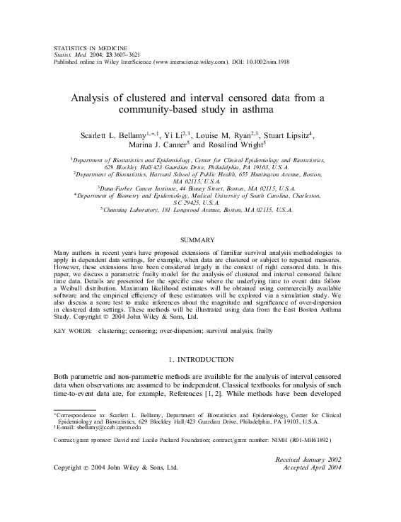 (PDF) Analysis of clustered and interval censored data from a community-based study in asthma