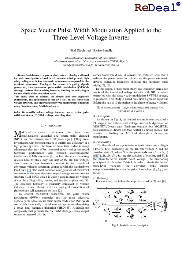 Pdf Space Vector Pulse Width Modulation Applied To The Three Level