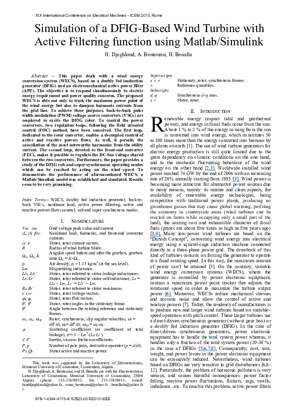 Pdf Simulation Of A Dfig Based Wind Turbine With Active Filtering