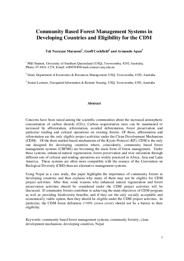 Pdf Community Based Forest Management Systems In Developing Countries