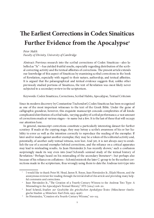 (PDF) The Earliest Corrections in Codex Sinaiticus: Further Evidence ...