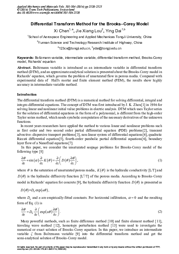 (PDF) Differential Transform Method for the Brooks - Corey Model