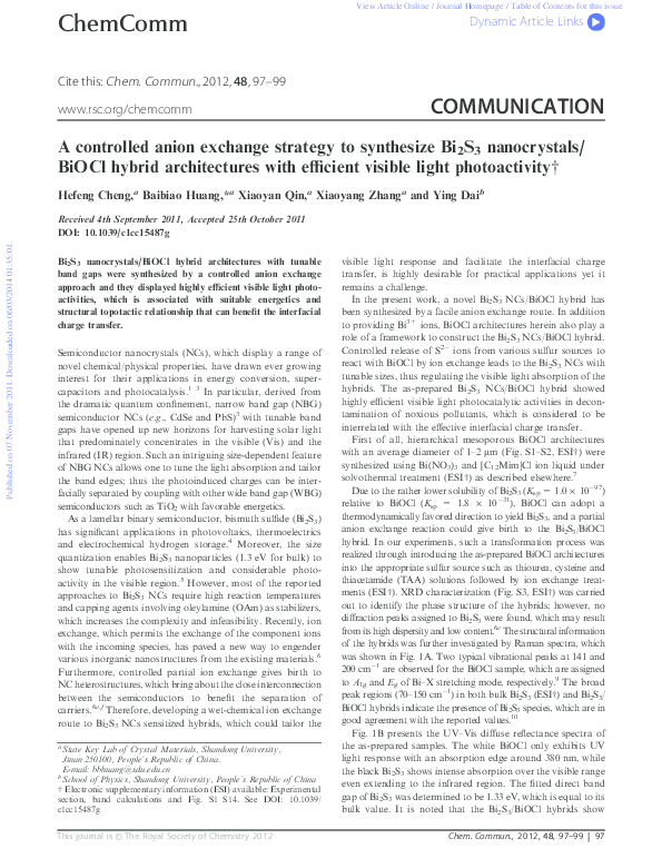 (PDF) A controlled anion exchange strategy to synthesize Bi2S3 nanocrystals/BiOCl hybrid ...