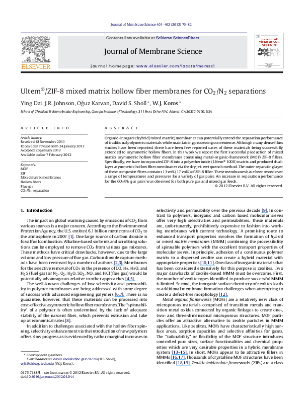 (PDF) Ultem®/ZIF-8 mixed matrix hollow fiber membranes for CO2/N2 separations