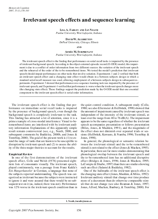 (PDF) Irrelevant speech effects and sequence learning | David ...