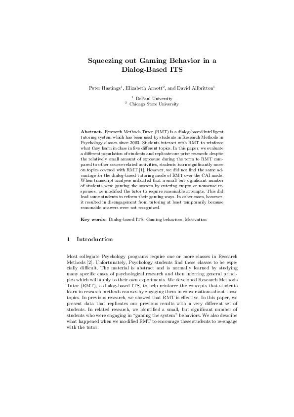 (PDF) Squeezing Out Gaming Behavior in a Dialog-Based ITS | David ...