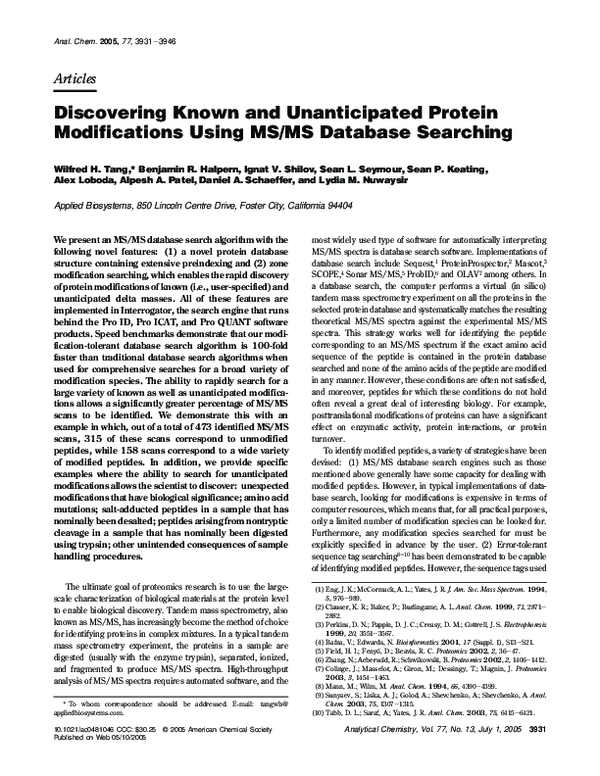 Pdf Discovering Known And Unanticipated Protein Modifications Using