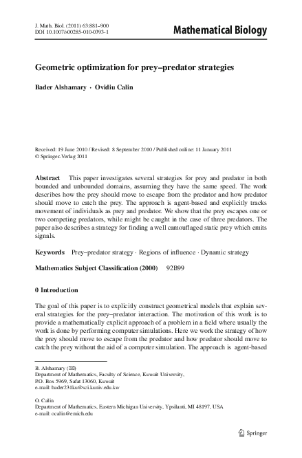 Pdf Geometric Optimization For Prey Predator Strategies Ovidiu Calin