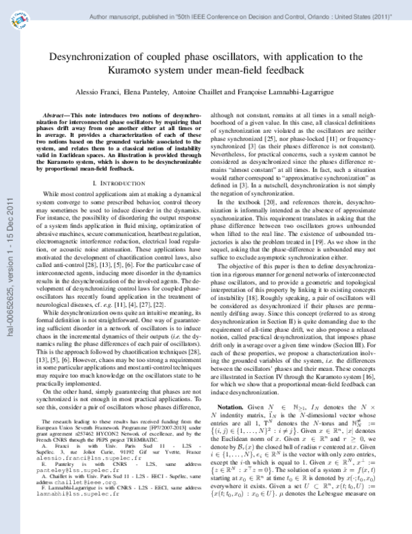 (PDF) Desynchronization of coupled phase oscillators, with application to the Kuramoto system ...