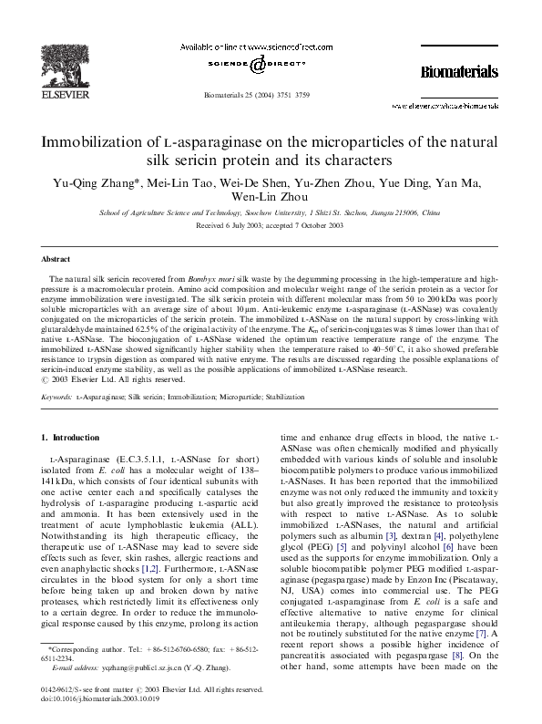 (PDF) Immobilization of l-asparaginase on the microparticles of the natural silk sericin protein ...