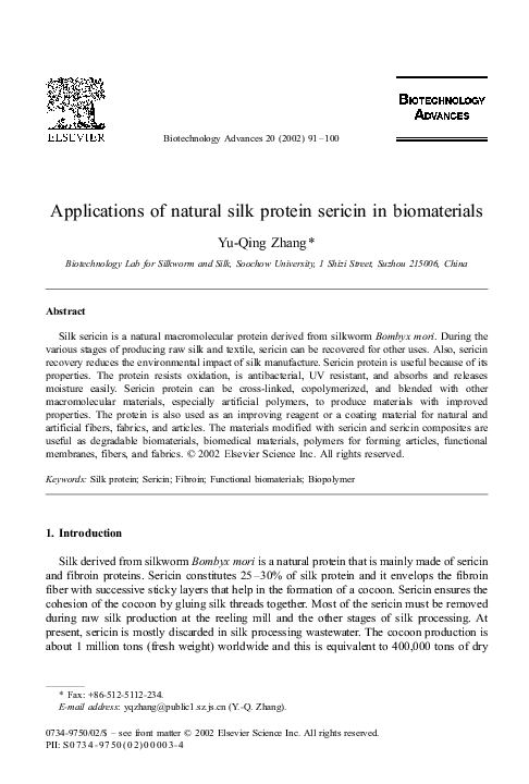 (PDF) Applications of natural silk protein sericin in biomaterials | Gabby Zhang - Academia.edu