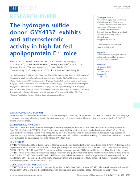(PDF) Hydrogen Sulfide Donor GYY4137 Protects against Myocardial Fibrosis