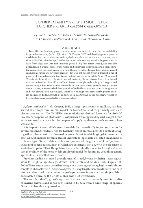 (PDF) Von Bertalanffy Growth Models for Hatchery-reared Aplysia californica