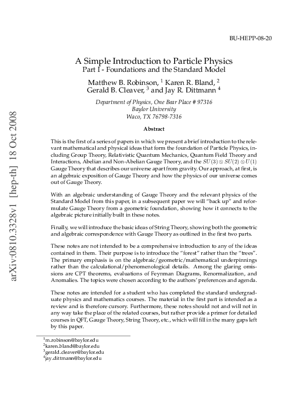 (PDF) A Simple Introduction to Particle Physics I: Foundations and the Standard Model