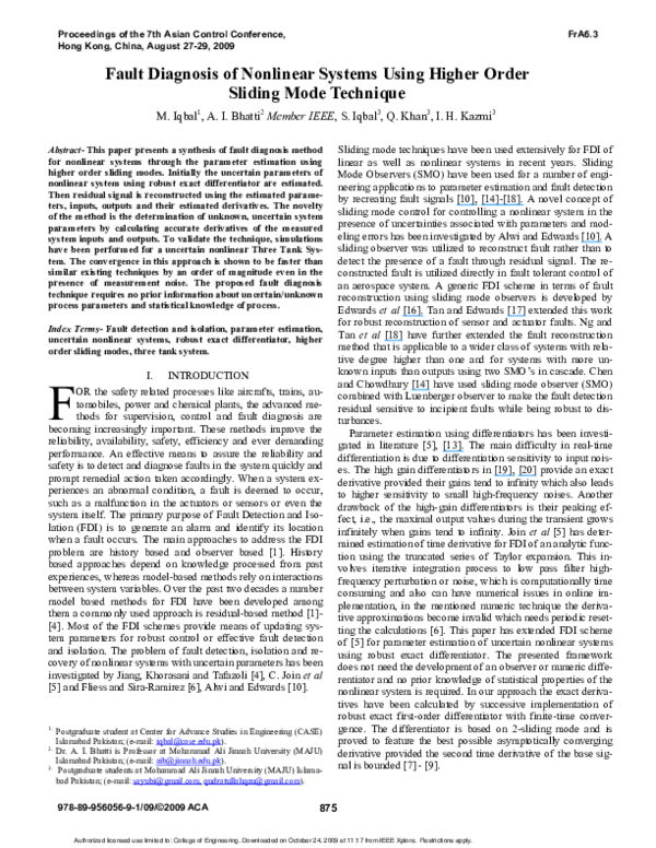 Pdf Fault Diagnosis Of Nonlinear Systems Using Higher Order Sliding