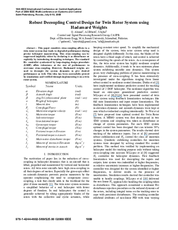 Pdf Robust Decoupling Control Design For Twin Rotor System Using