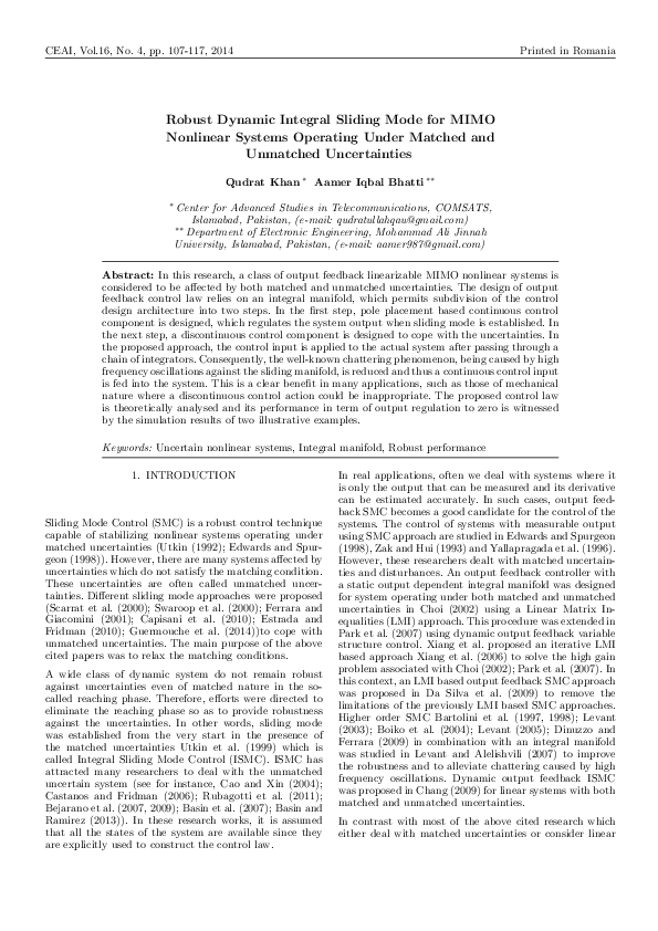 Pdf Robust Dynamic Integral Sliding Mode For Mimo Nonlinear Systems