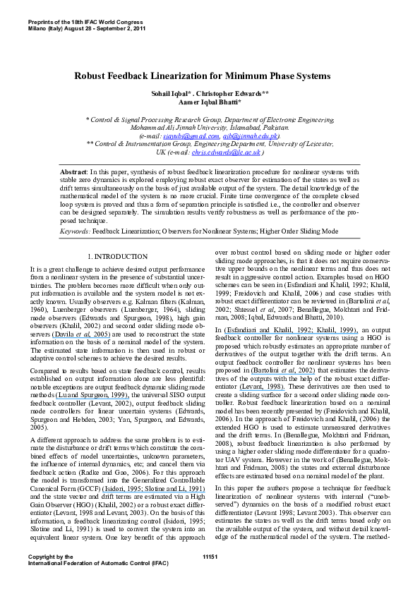 (PDF) Robust Feedback Linearization for Minimum Phase Systems | Aamer ... (PDF) Robust Feedback Linearization for Minimum Phase Systems | Aamer ...