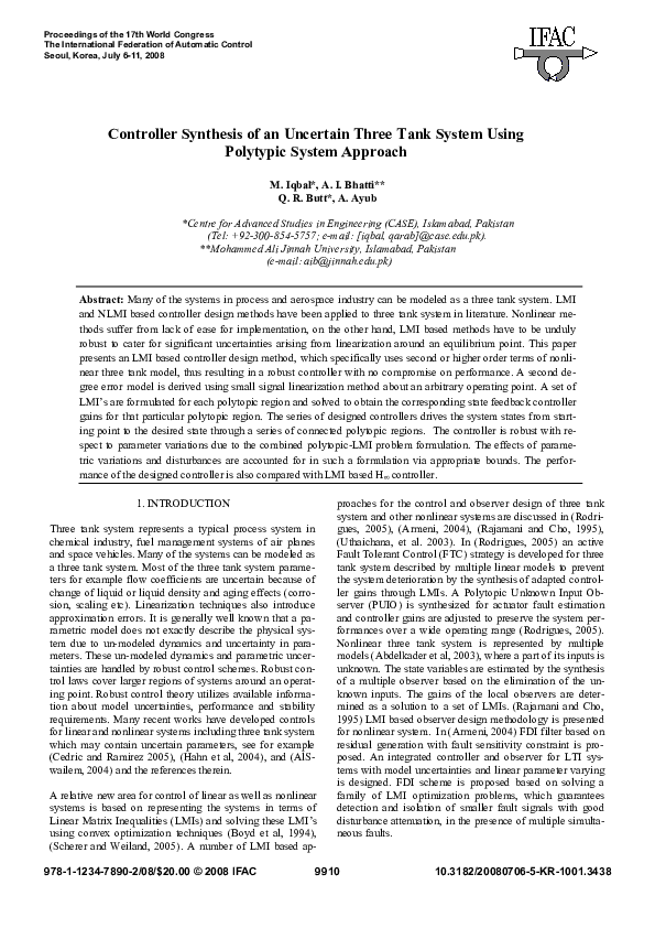 (PDF) Controller Synthesis of an Uncertain Three Tank System Using Polytypic System Approach
