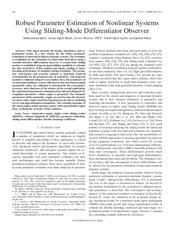 Pdf Robust Parameter Estimation Of Nonlinear Systems Using Sliding