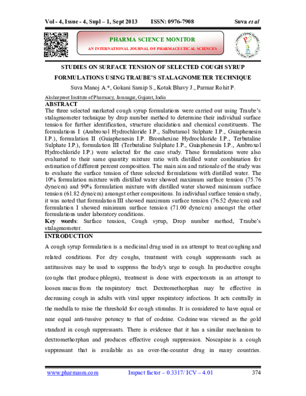 (PDF) STUDIES ON SURFACE TENSION OF SELECTED COUGH SYRUP FORMULATIONS ...
