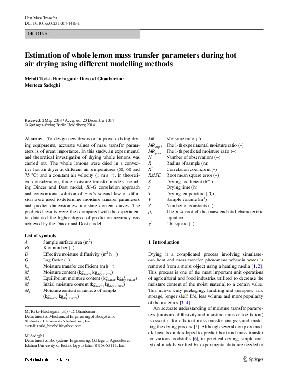 (PDF) Estimation of whole lemon mass transfer parameters during hot air drying using different ...