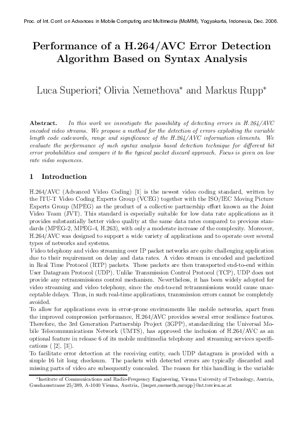 (PDF) Performance of a H. 264/AVC Error Detection Algorithm Based on Syntax Analysis
