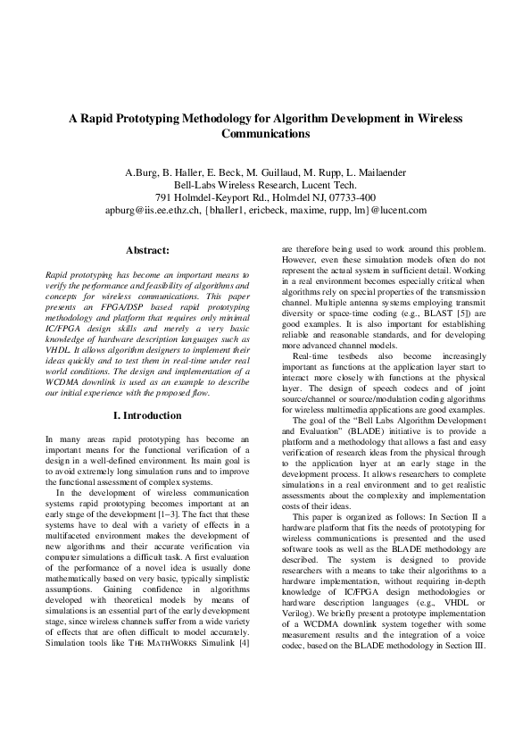 (PDF) A rapid prototyping methodology for algorithm development in wireless communications