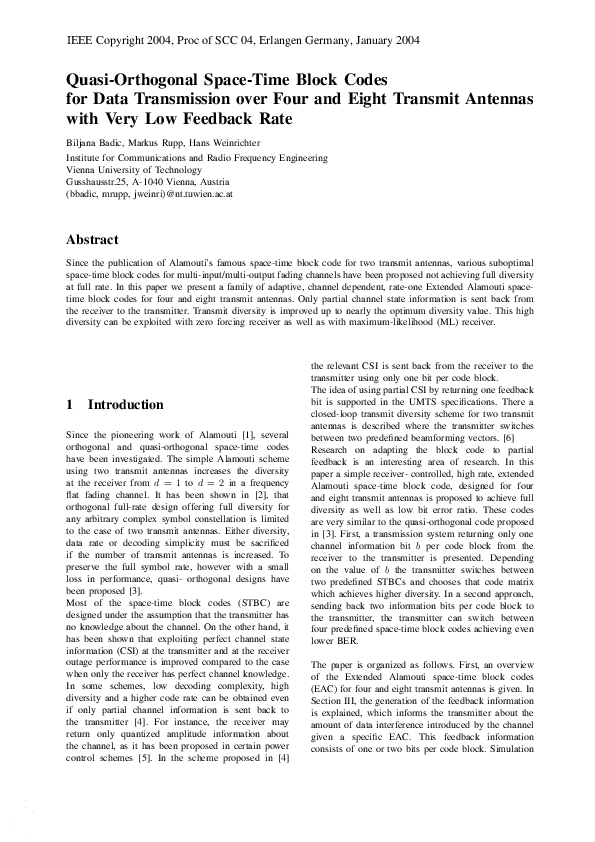 Pdf Quasi Orthogonal Space Time Block Codes For Data Transmission Over Four And Eight Transmit