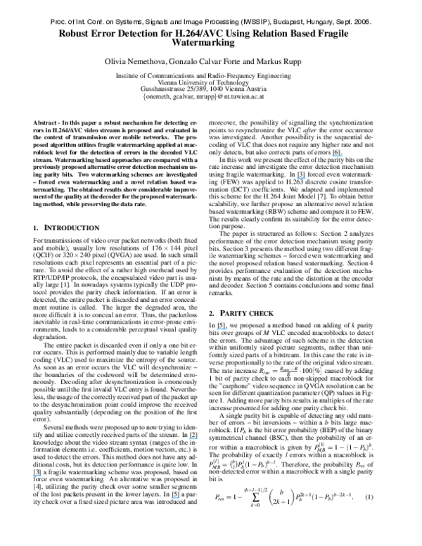 (PDF) Robust error detection for H. 264/AVC using relation based fragile watermarking