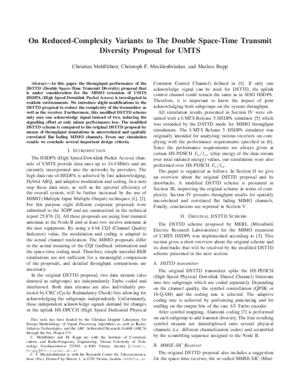 Pdf On Reduced Complexity Variants To The Double Space Time Transmit Diversity Proposal For