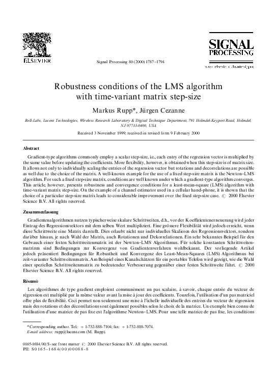 Pdf Robustness Conditions Of The Lms Algorithm With Time Variant Matrix Step Size