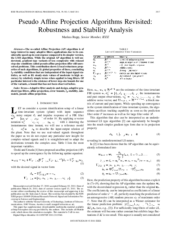 (PDF) Pseudo Affine Projection Algorithms Revisited: Robustness and Stability Analysis