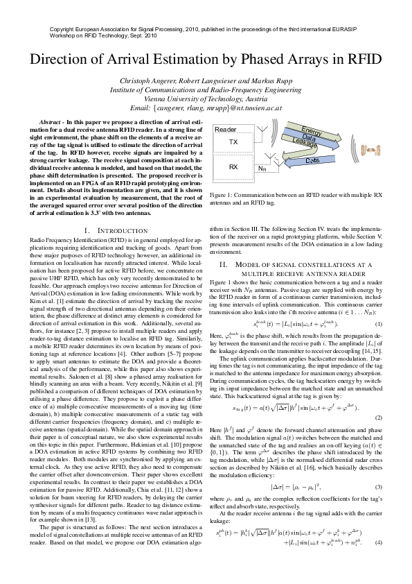 Direction Of Arrival Estimation By Phased Arrays In Rfid