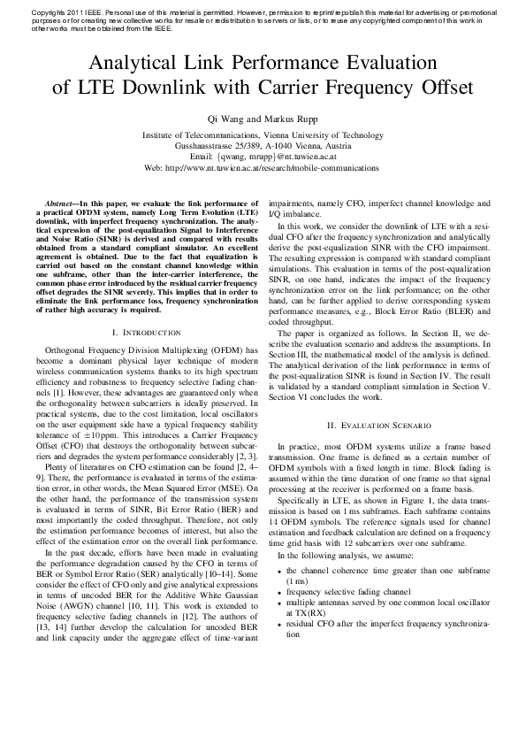 Pdf Analytical Link Performance Evaluation Of Lte Downlink With Carrier Frequency Offset