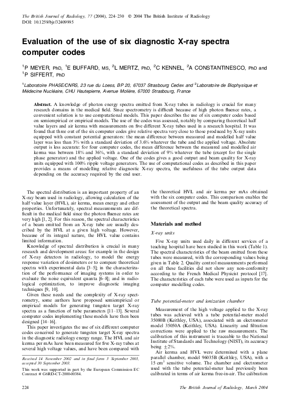 (PDF) Evaluation of the use of six diagnostic X-ray spectra computer codes