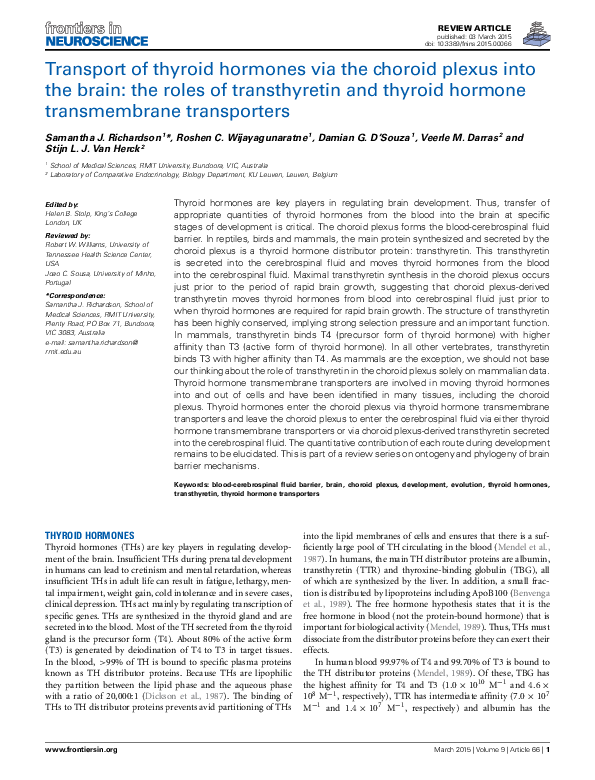 (PDF) Transport of thyroid hormones via the choroid plexus into the ...