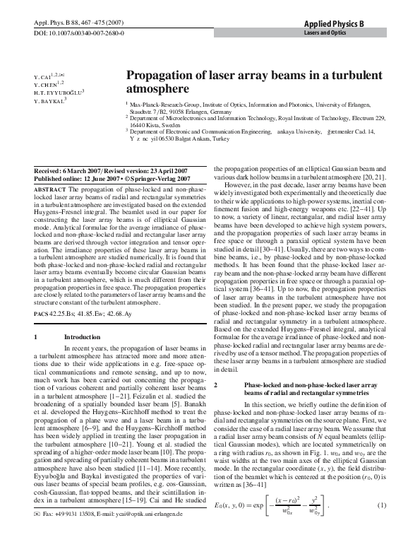 (PDF) Propagation of laser array beams in a turbulent atmosphere