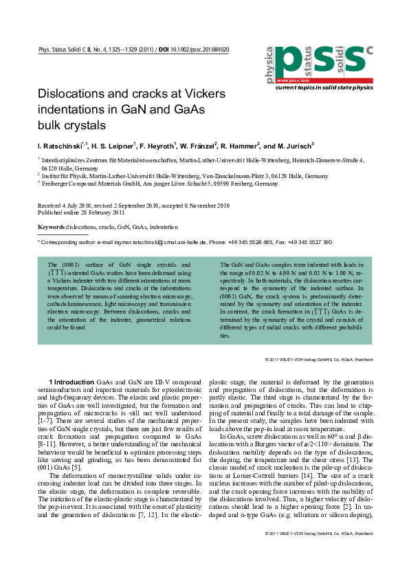 (PDF) Dislocations and cracks at Vickers indentations in GaN and GaAs ...