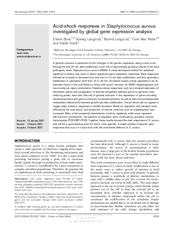 (PDF) Acid-shock responses in Staphylococcus aureus investigated by ...
