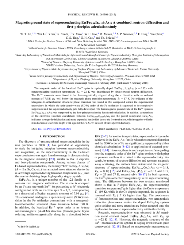(PDF) Magnetic ground state of superconducting Eu ( Fe 0.88 Ir 0.12 ) 2 ...