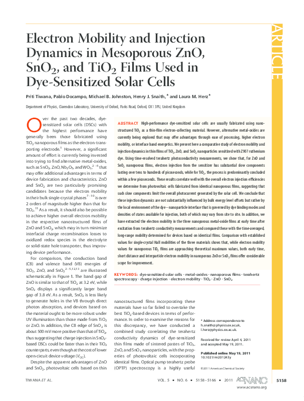 (PDF) Electron Mobility and Injection Dynamics in Mesoporous ZnO, SnO 2 ...