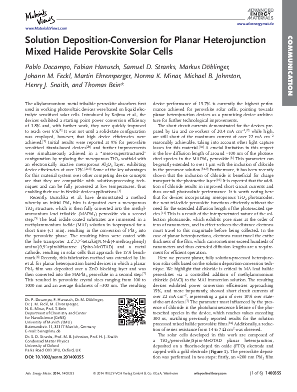 (PDF) Solution Deposition-Conversion for Planar Heterojunction Mixed Halide Perovskite Solar Cells