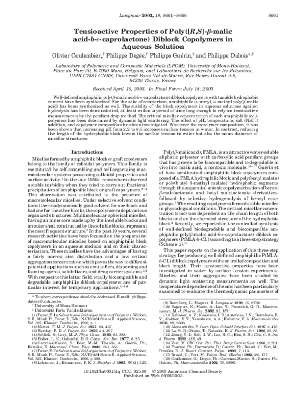 (PDF) Tensioactive Properties of Poly([ R , S ]-β-malic acid- b -ε-caprolactone) Diblock ...