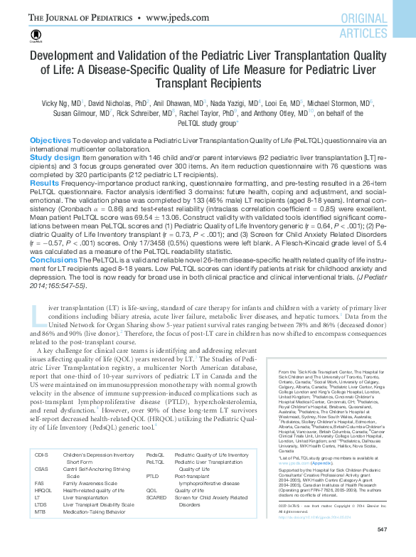 (PDF) Development and validation of the pediatric liver transplantation quality of life: a ...