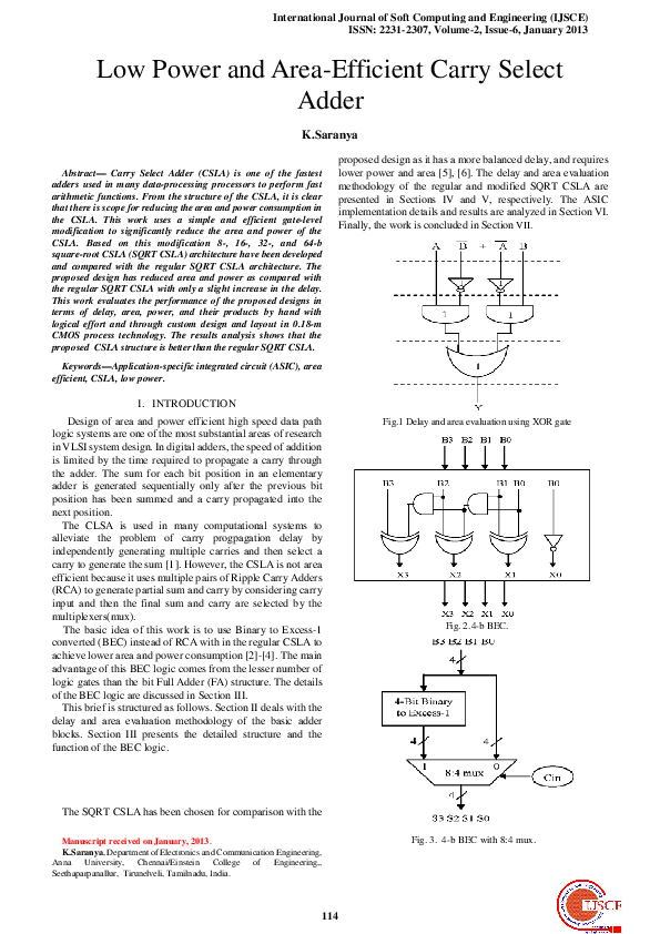 Pdf Low Power And Area Efficient Carry Select Adder By Ksaranya