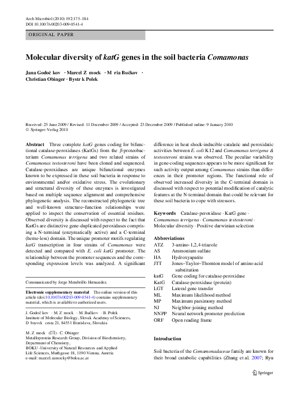 (PDF) Molecular diversity of katG genes in the soil bacteria Comamonas