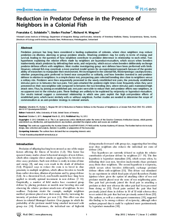 (PDF) Reduction in predator defense in the presence of neighbors in a ...